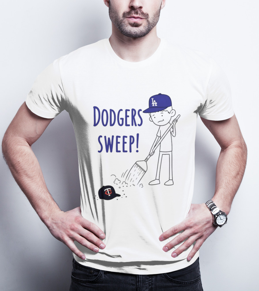 Dodgers Sweep Cartoon Figure In LA Cap Broom Action T-Shirt