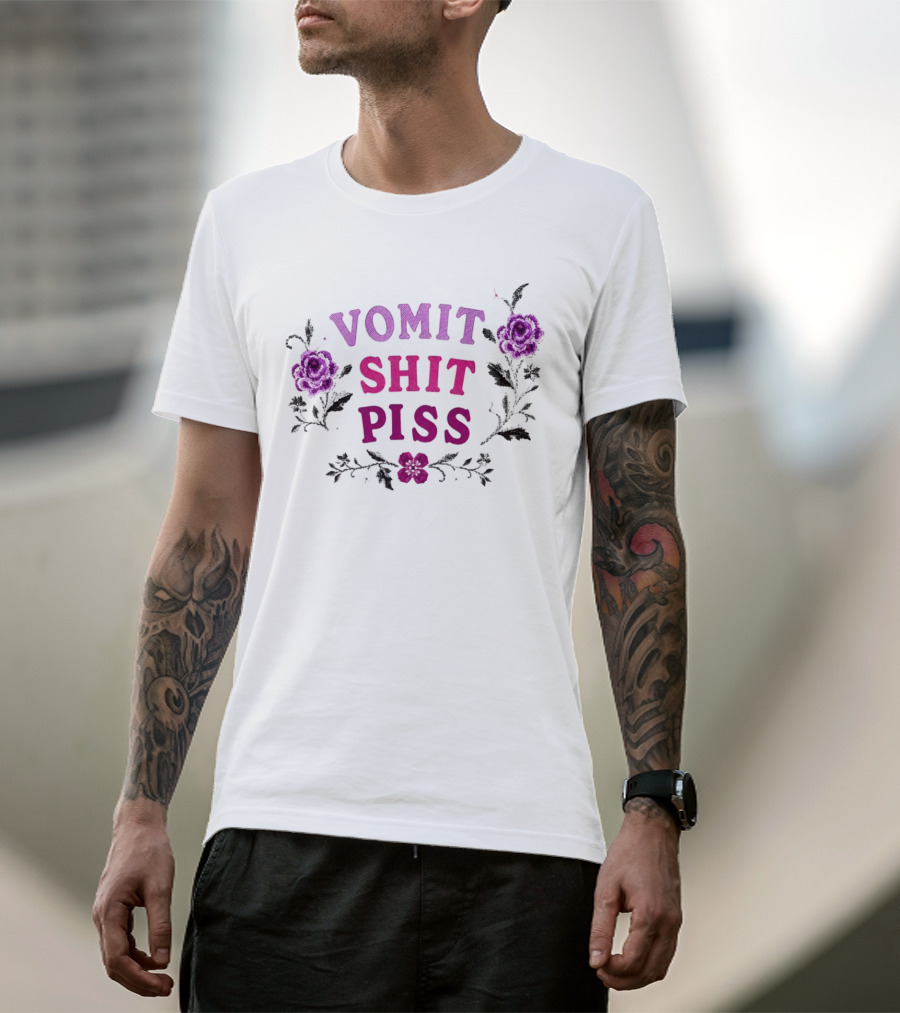 Vomit Shit Piss Floral Embroidery Roses T-Shirt