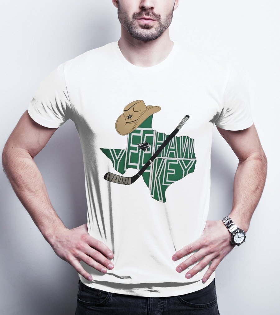 Yeehaw Key Texas Hockey Dallas Stars NHL Cowboy Hat Hockey Stick Map T-Shirt
