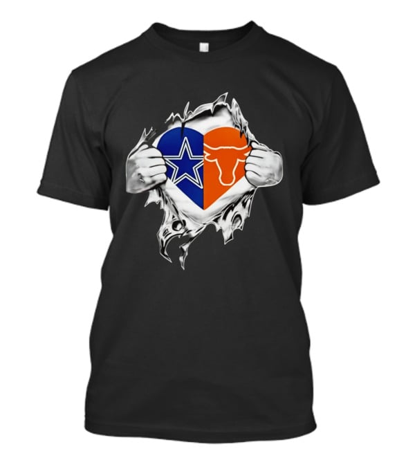 Dallas Cowboys And Texas Longhorns Heart Symbol Tearing T-Shirt