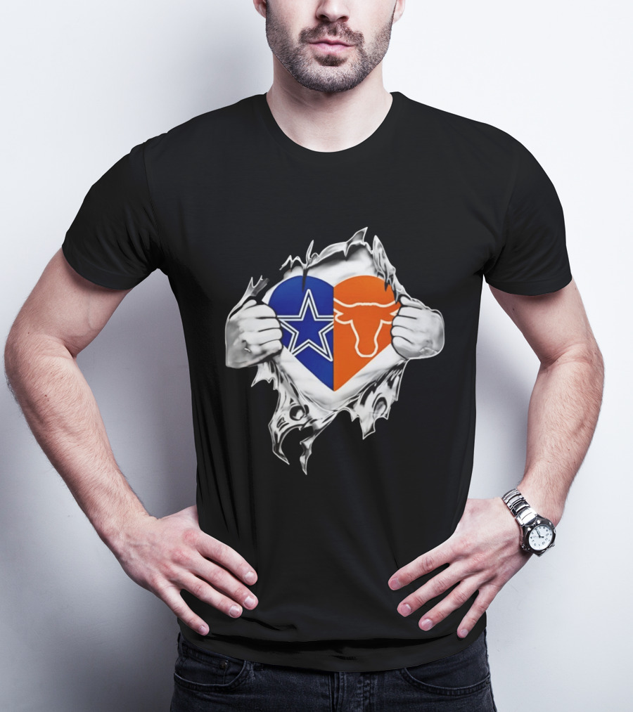 Dallas Cowboys And Texas Longhorns Heart Symbol Tearing T-Shirt