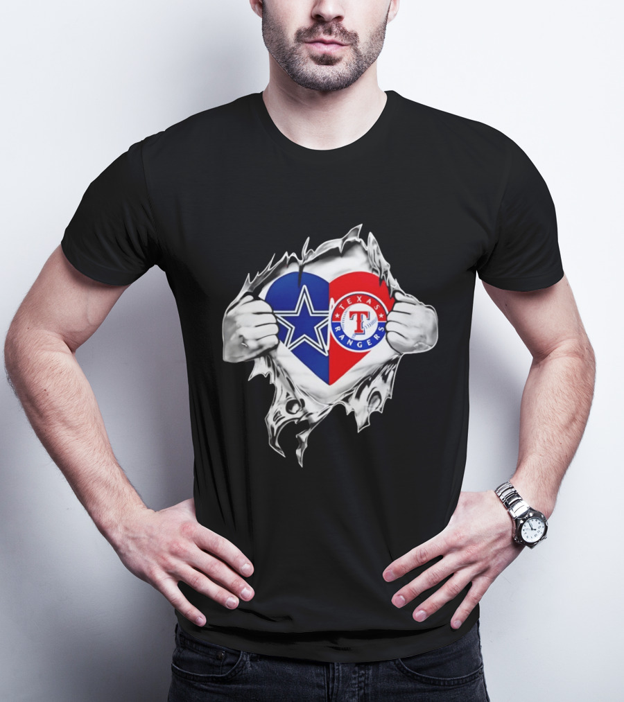 Dallas Cowboys Texas Rangers Heart Torn Open Sports T-Shirt