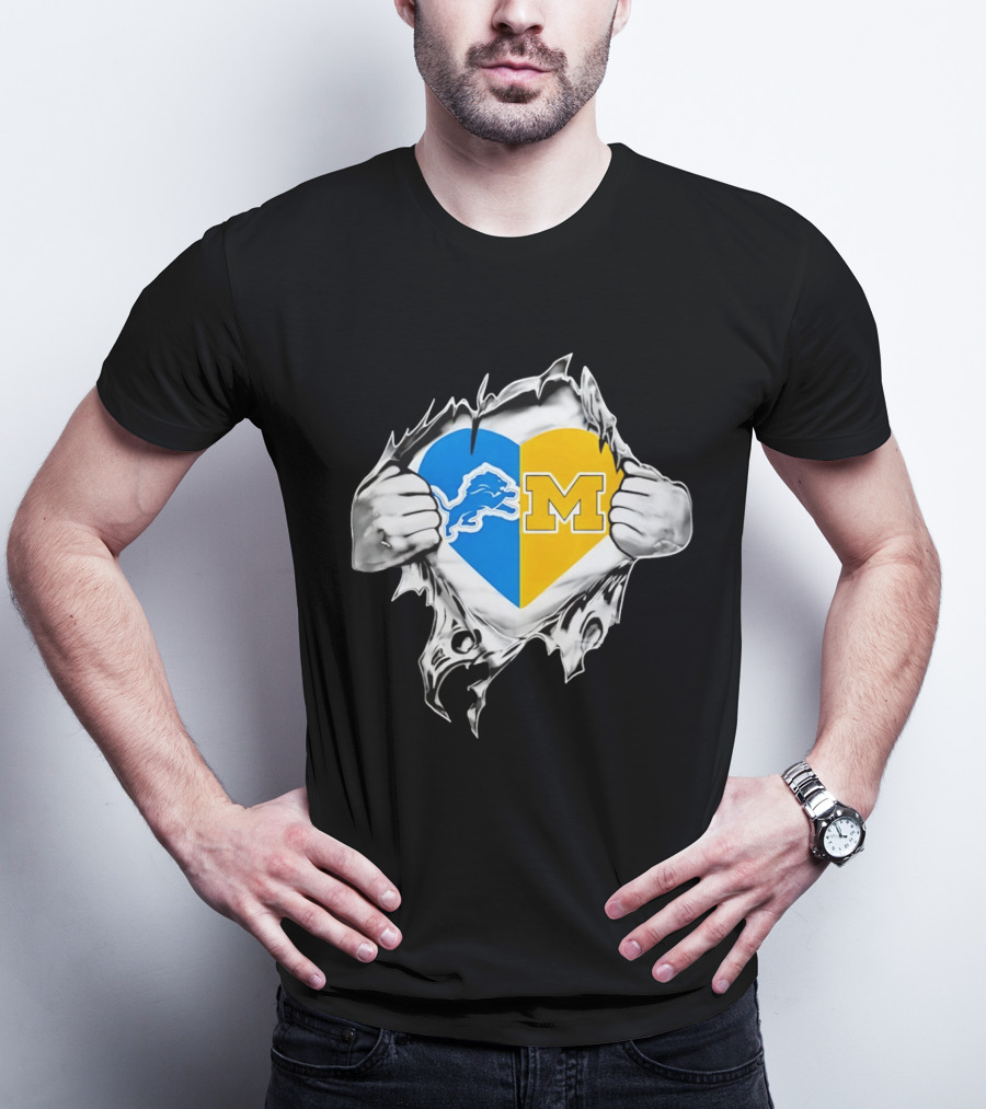 Detroit Lions Michigan Wolverines Heart Torn Reveal T-Shirt