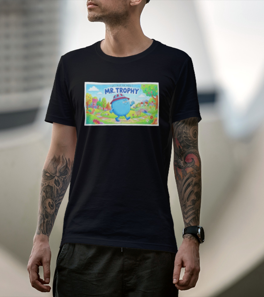 Sky Blue Mr. Men Mr. Trophy Character In Colorful Landscape Scene T-Shirt