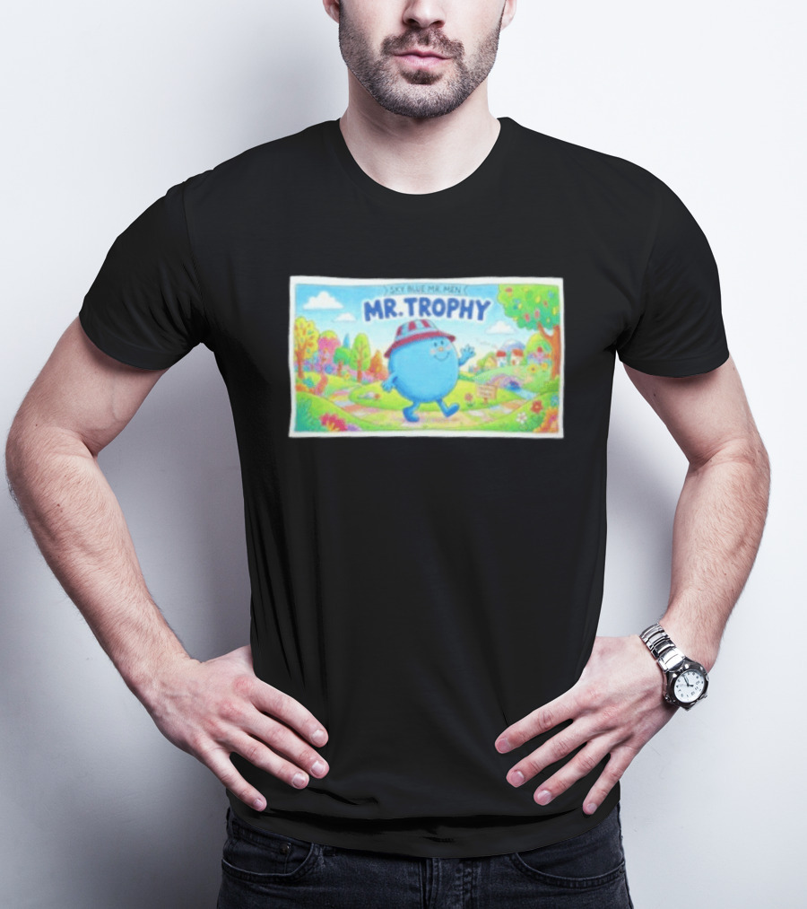 Sky Blue Mr. Men Mr. Trophy Character In Colorful Landscape Scene T-Shirt