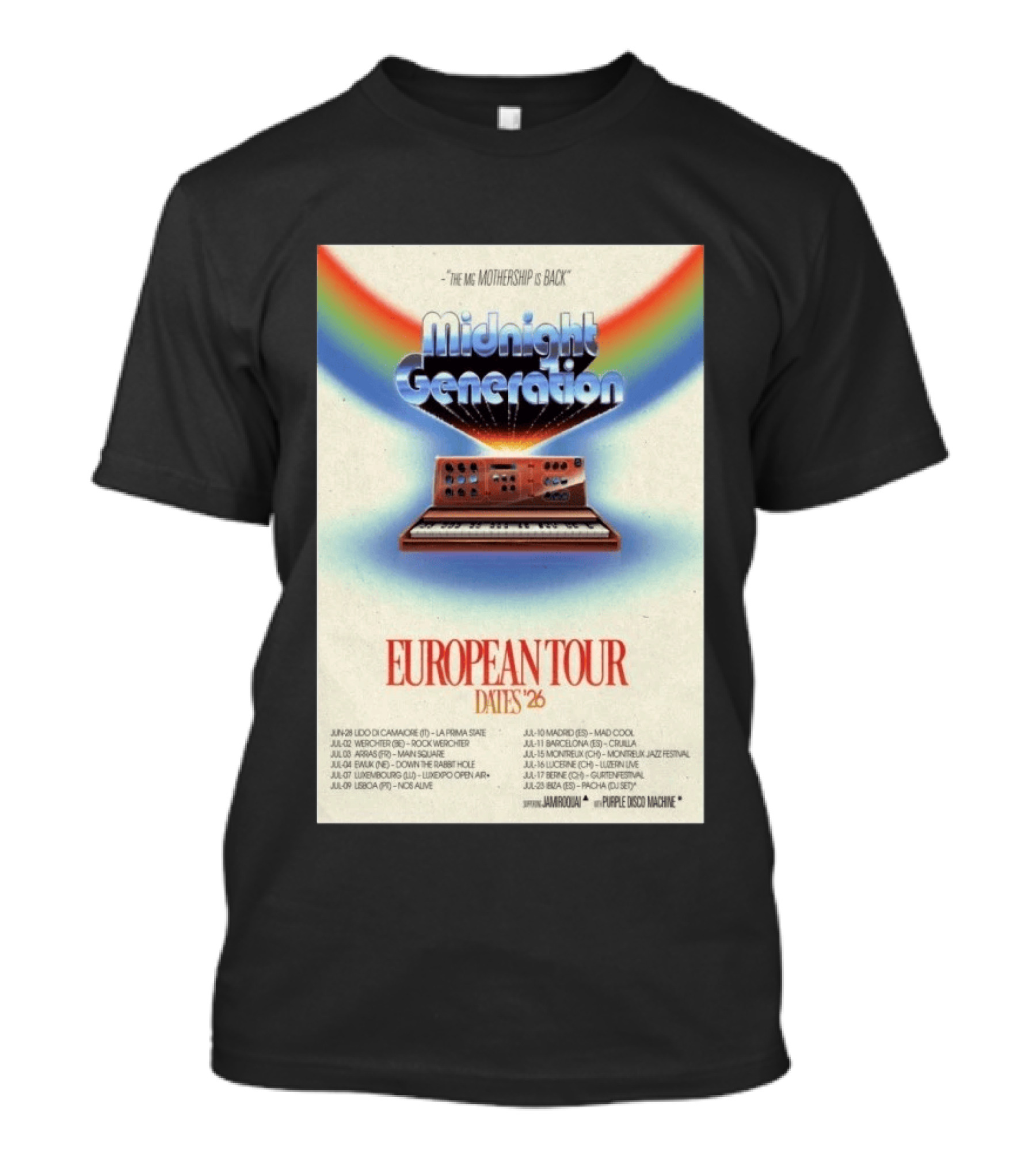 Midnight Generation European Tour Dates '26 Mothership Is Back Jamiroquai Purple Disco Machine T-Shirt