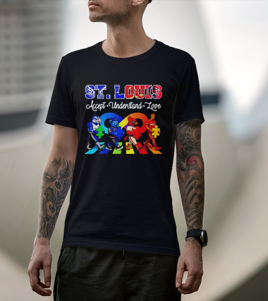 St Louis Accept Understand Love Autism Awareness Mascots Puzzle Pieces T-Shirt