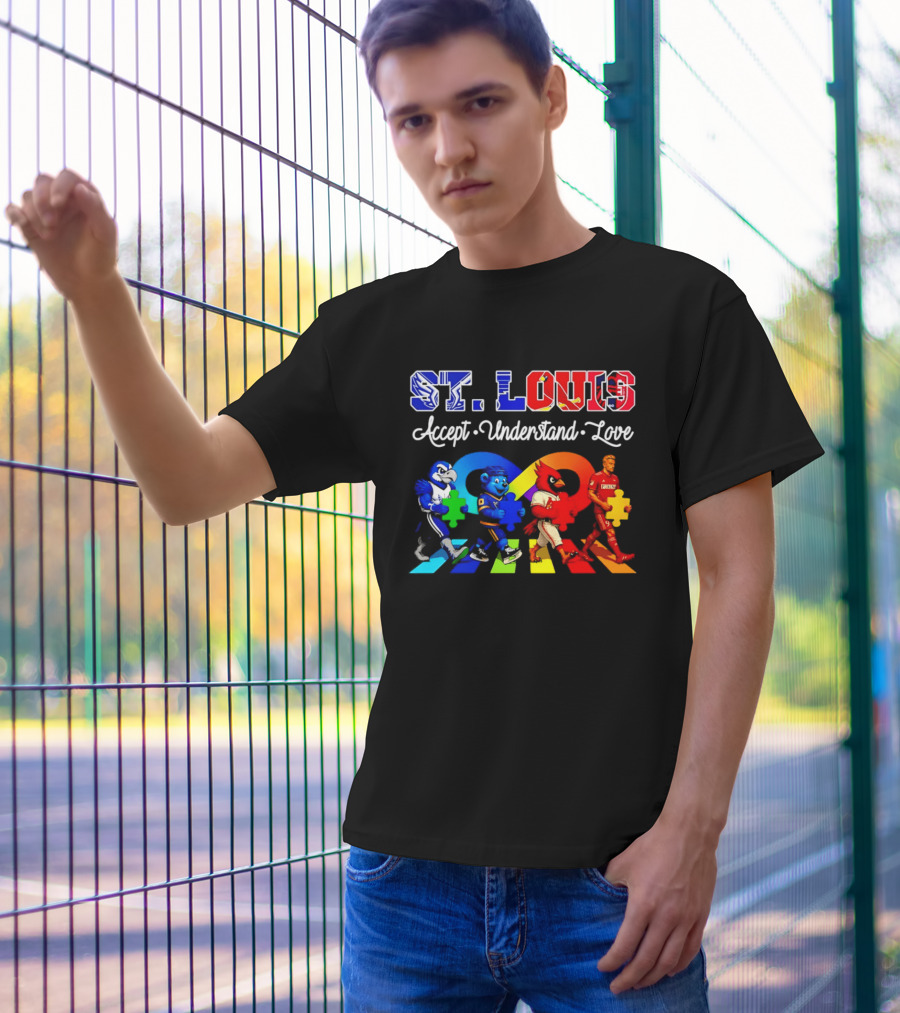 St Louis Accept Understand Love Autism Awareness Mascots Puzzle Pieces T-Shirt