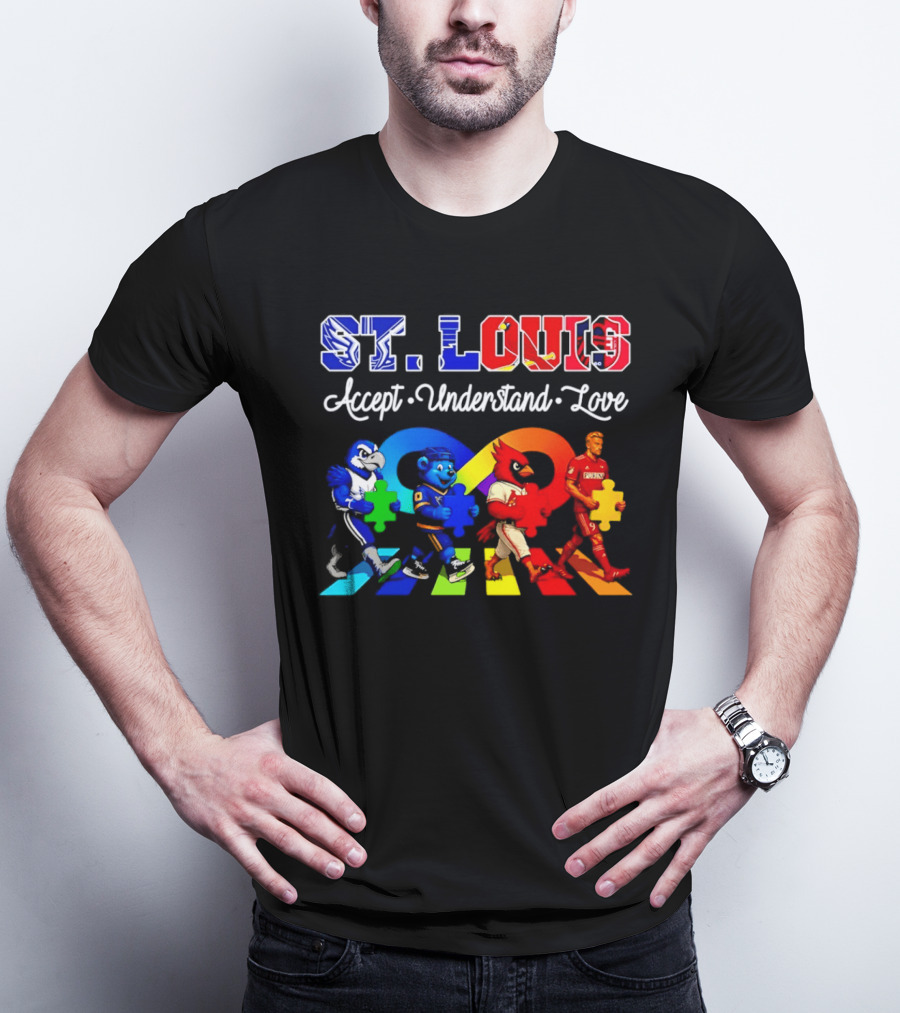 St Louis Accept Understand Love Autism Awareness Mascots Puzzle Pieces T-Shirt