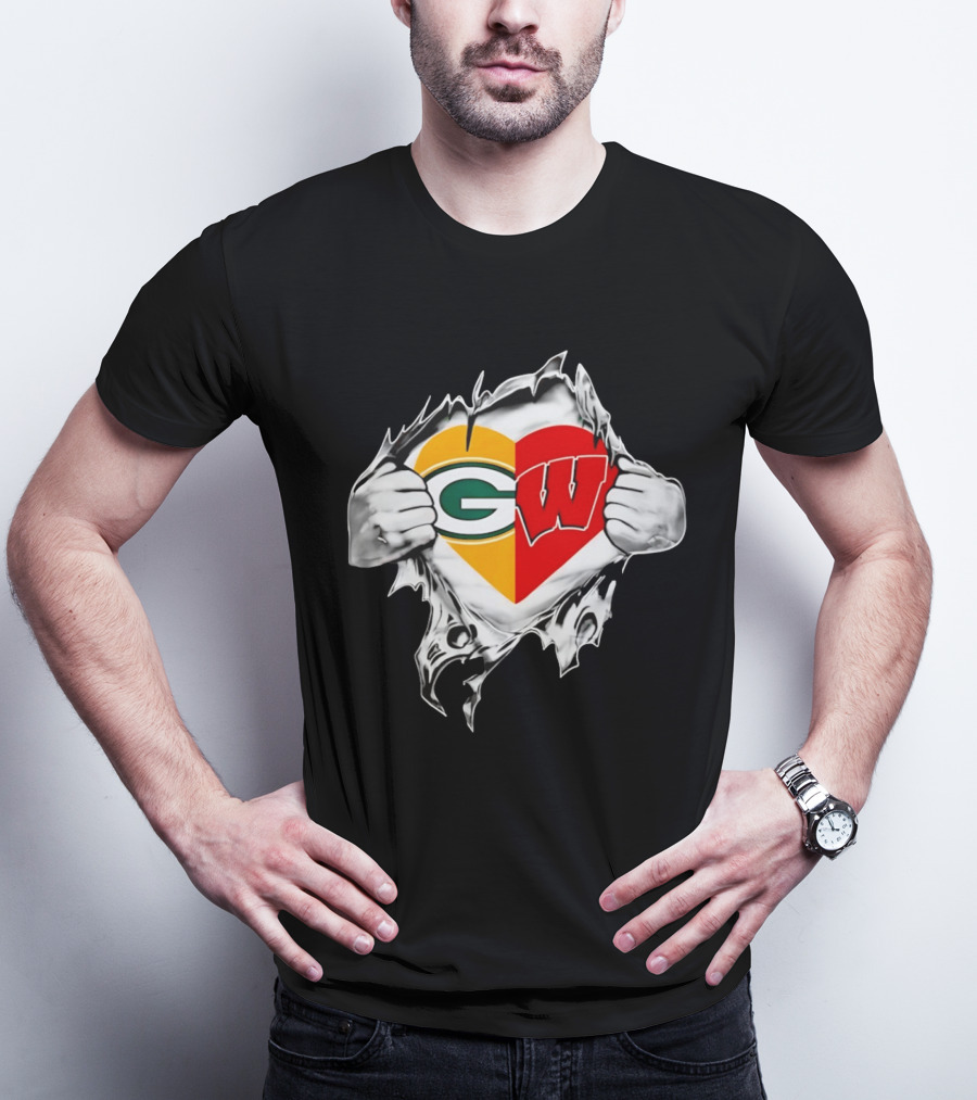 Packers Badgers Heart Logo Green Bay Wisconsin NCAA Fan Gear T-Shirt