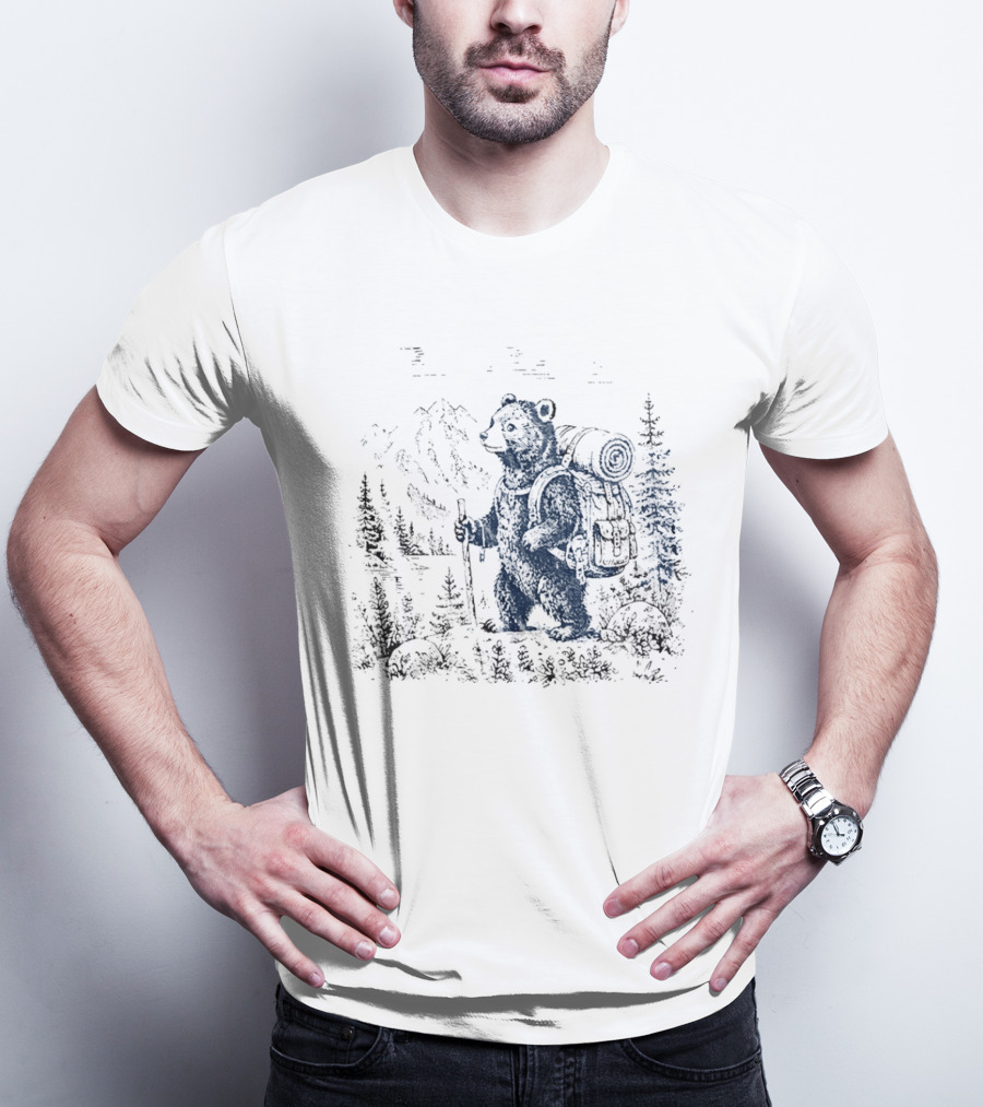 Hiking Bear Trekking Adventure With Backpack And Walking Stick Mountain Forest Scene T-Shirt