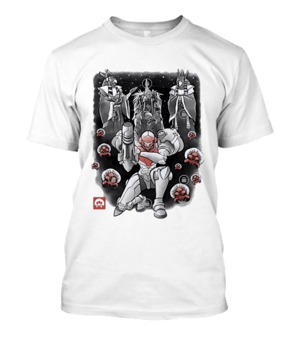 Samus Aran Metroid Sumi E Style Battle Pose With Chozo And Metroids T-Shirt