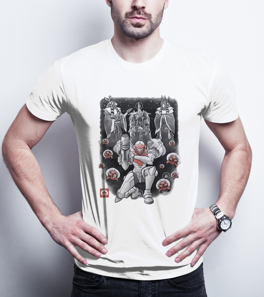 Samus Aran Metroid Sumi E Style Battle Pose With Chozo And Metroids T-Shirt