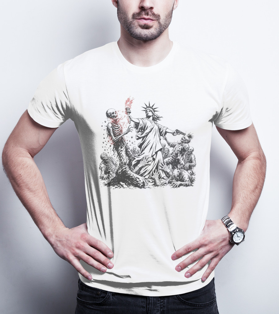 Statue Of Liberty Battling Zombies With Torch And Pistol T-Shirt