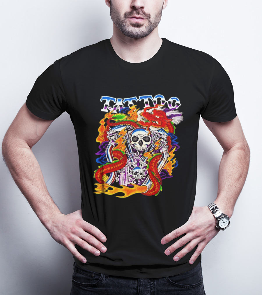 Tattoo Brand Dragon Skull Motorcycle Engine Flames T-Shirt