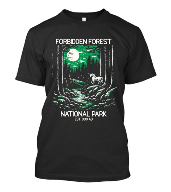 Forbidden Forest National Park Est 990 AD Moonlit Unicorn Scene T-Shirt