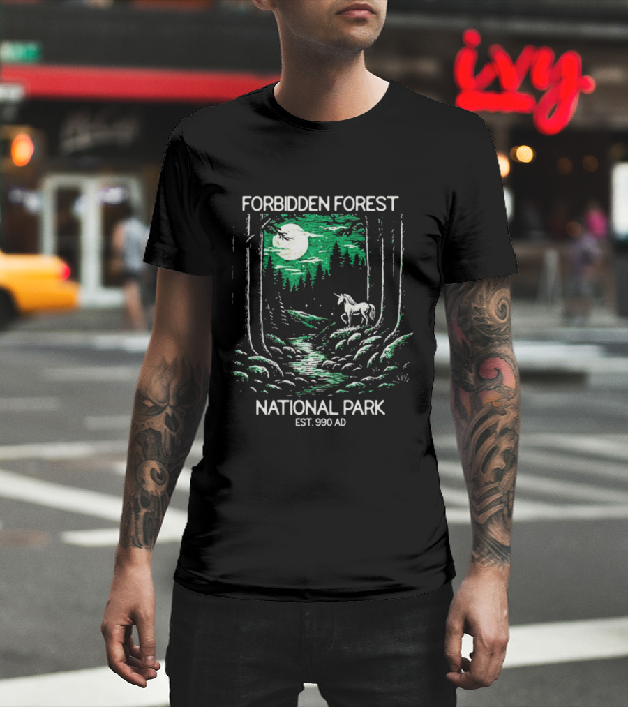 Forbidden Forest National Park Est 990 AD Moonlit Unicorn Scene T-Shirt
