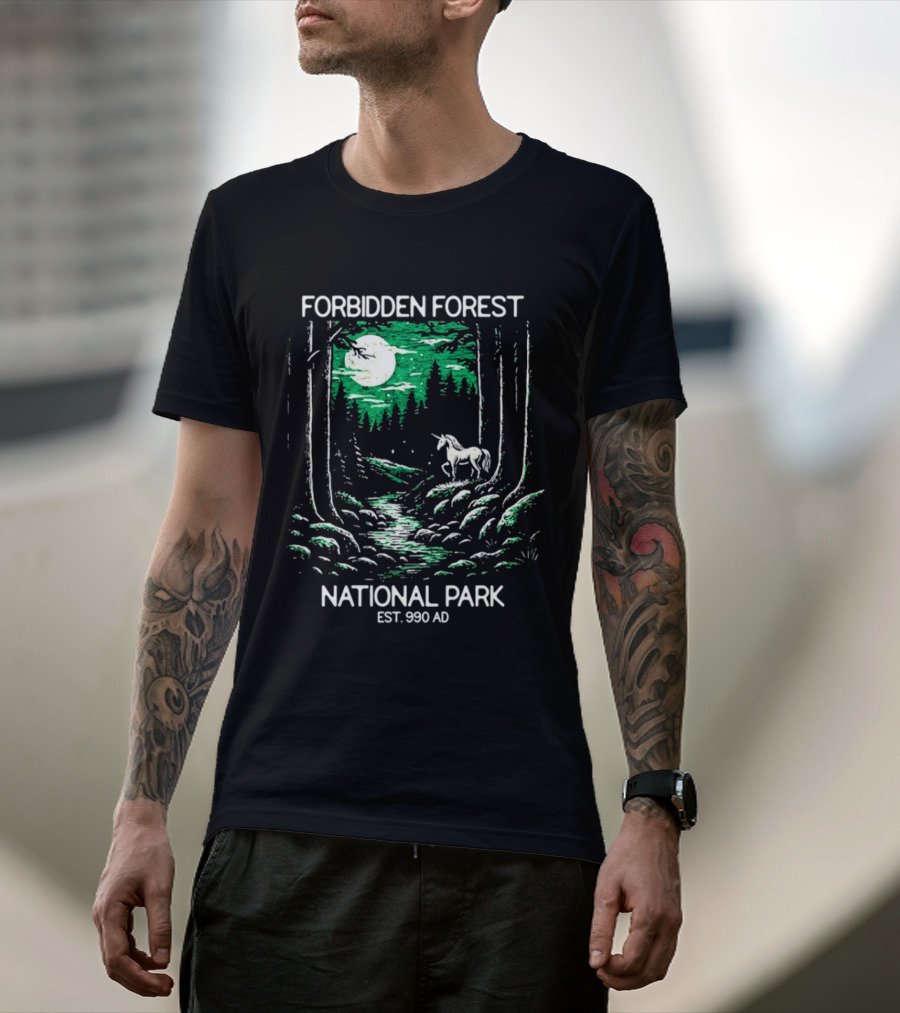 Forbidden Forest National Park Est 990 AD Moonlit Unicorn Scene T-Shirt
