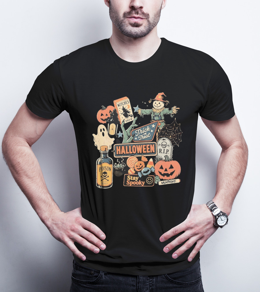 Halloween Trick Or Treat Stay Spooky Witches Brew Poison Nightmare R.I.P Ghost Pumpkins T-Shirt