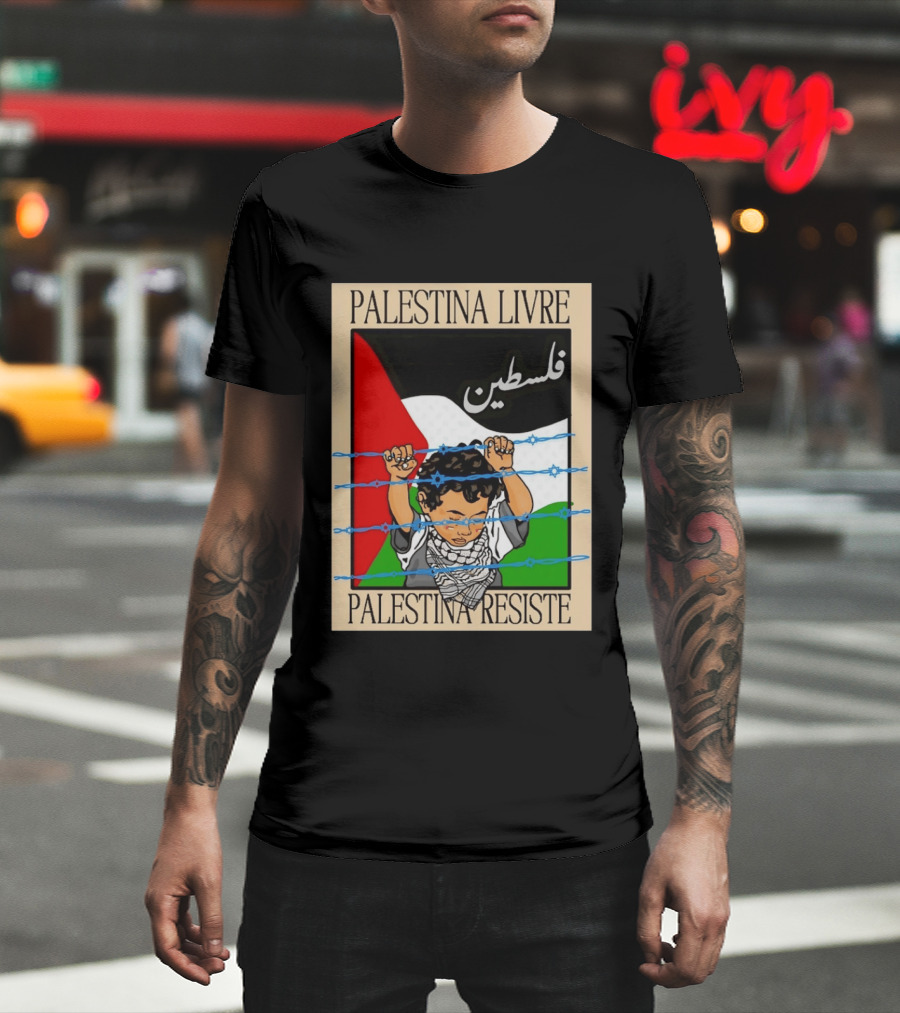 Palestina Livre Resistência Criança Frente Bandeira Arame Farpado T-Shirt