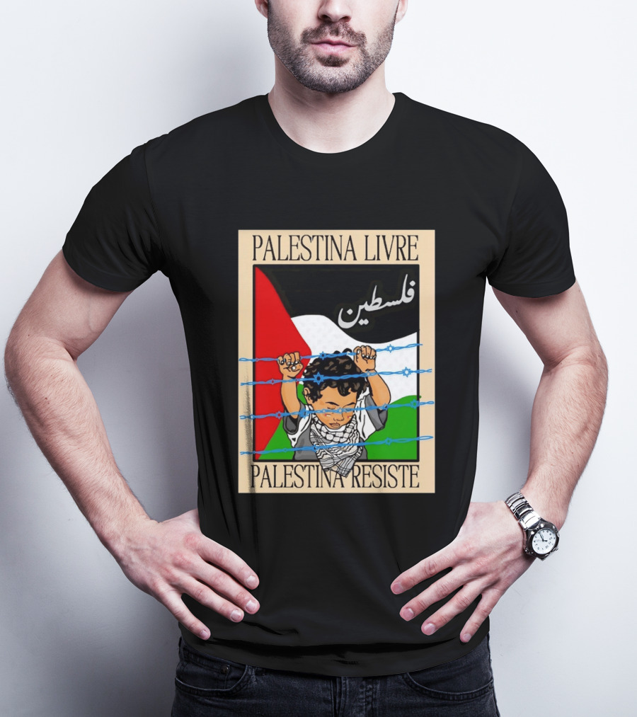 Palestina Livre Resistência Criança Frente Bandeira Arame Farpado T-Shirt