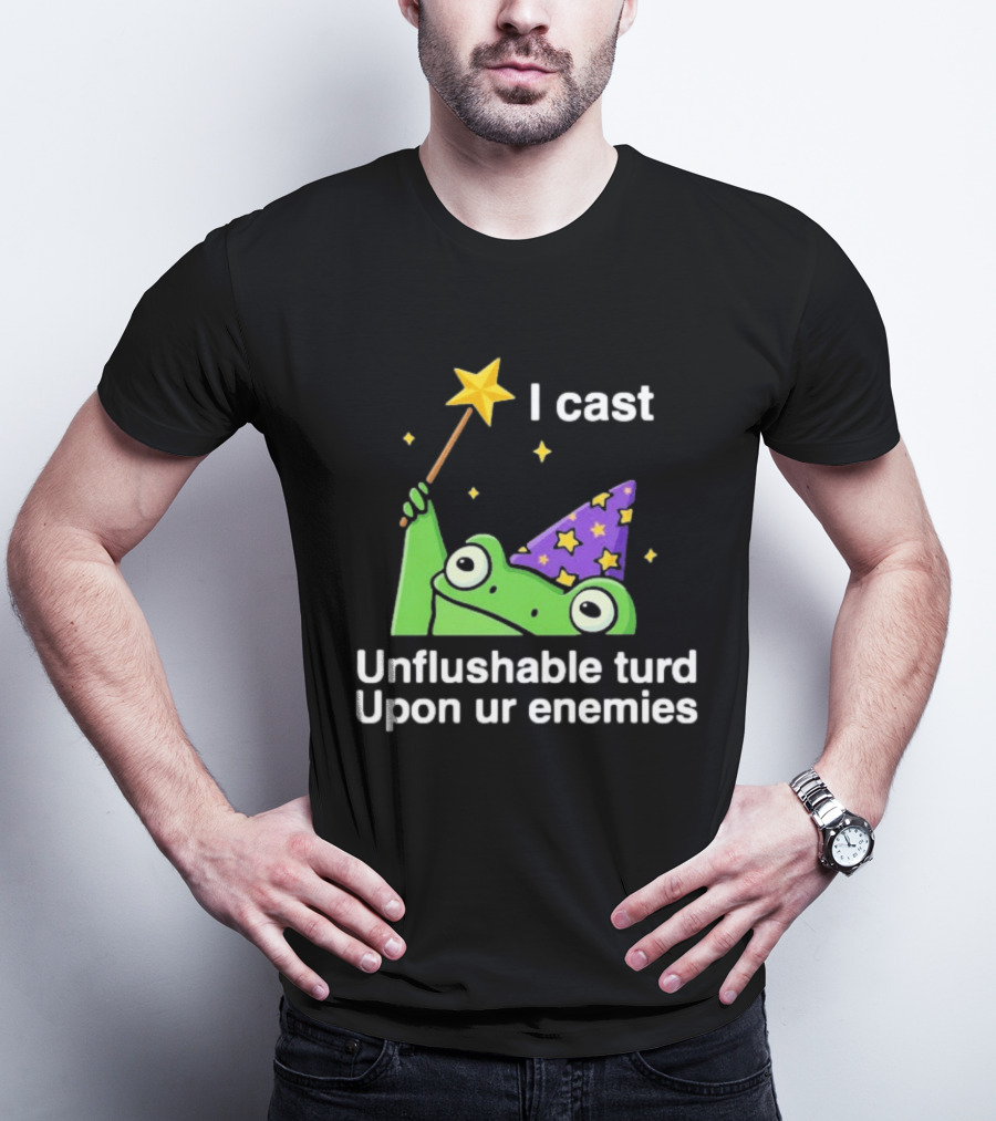 I Cast Unflushable Turd Upon Ur Enemies Frog Wizard Wand Stars Purple Hat T-Shirt