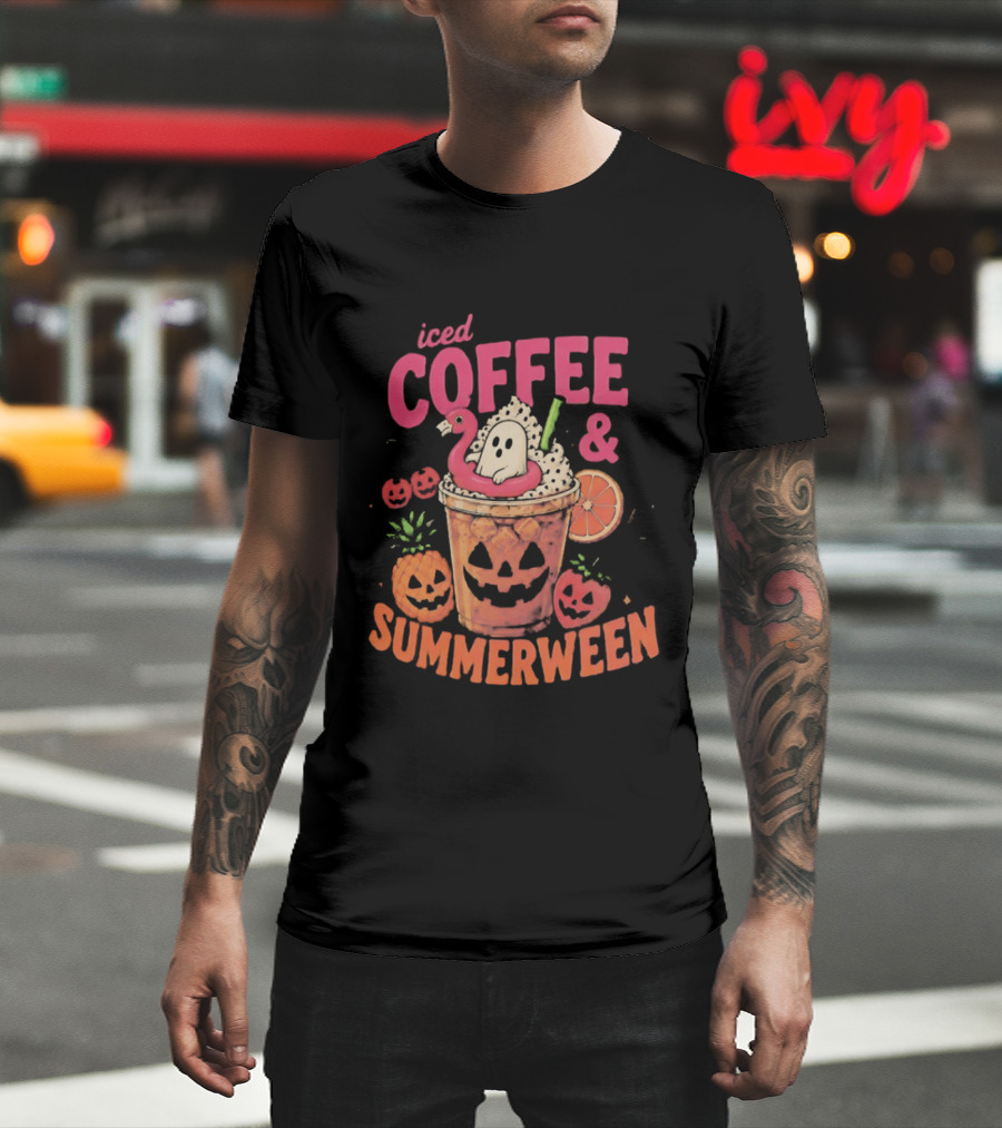 Iced Coffee And Summerween Spooky Tropical Fruit Halloween Jack O' Lantern Drink T-Shirt