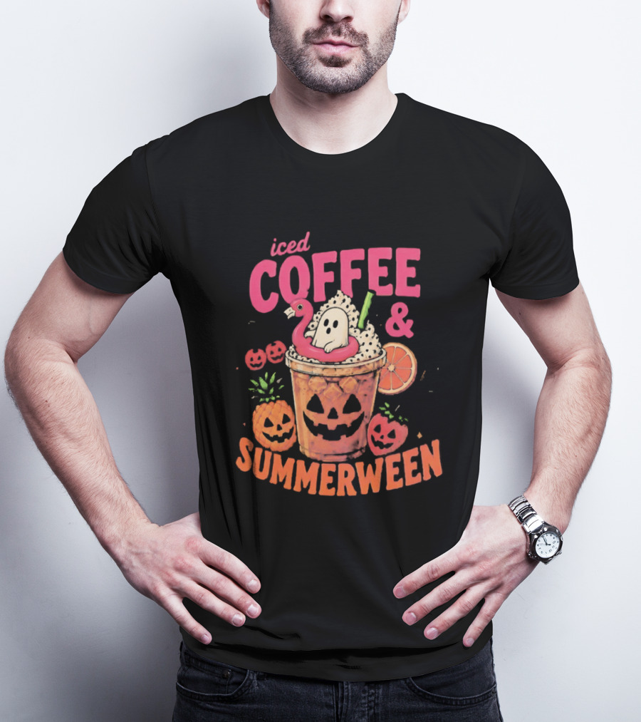 Iced Coffee And Summerween Spooky Tropical Fruit Halloween Jack O' Lantern Drink T-Shirt