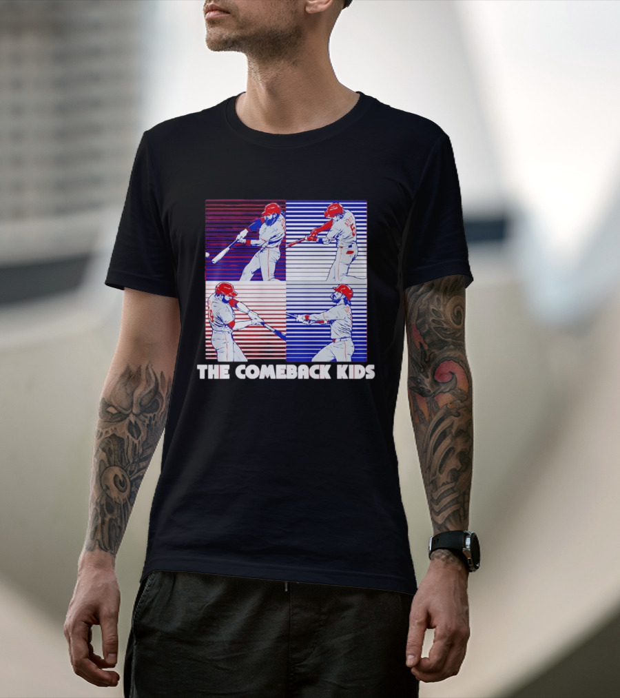 Philadelphia Phillies The Comeback Kids Striped Baseball Swinging Players T-Shirt