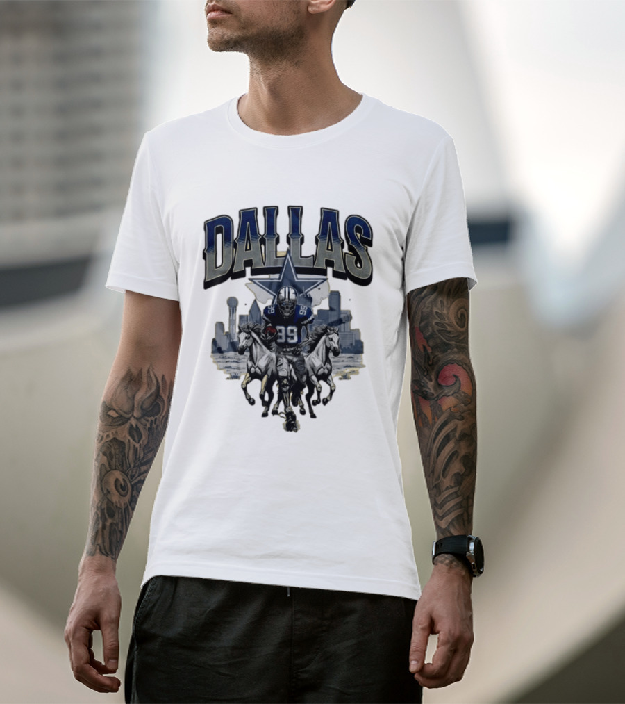 Dallas Cowboys Gameday Skeleton Football Player With Horses And Skyline T-Shirt