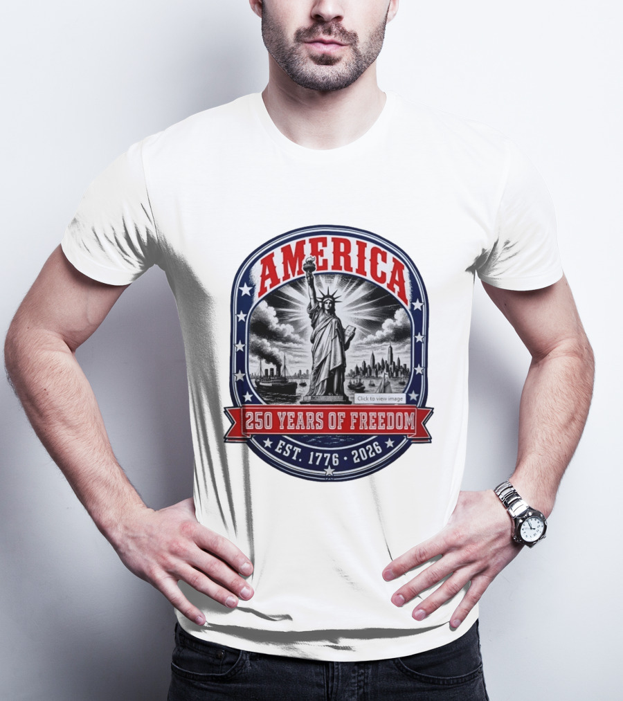 America 250 Years Of Freedom Est 1776 2026 Statue Of Liberty Skyline Steamship Stars T-Shirt
