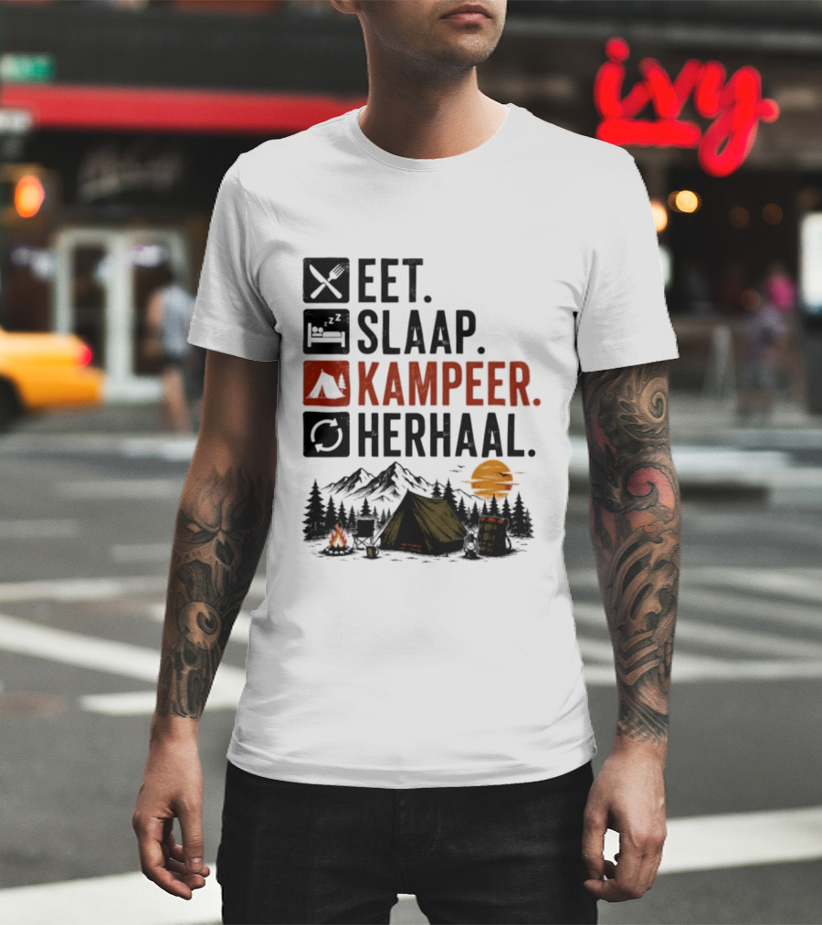 Eet Slaap Kampeer Herhaal Camping Tent Mountains Campfire Sunset T-Shirt