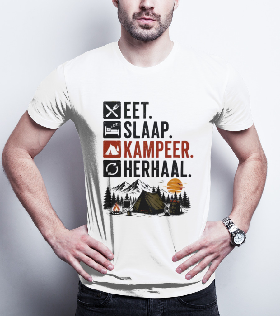 Eet Slaap Kampeer Herhaal Camping Tent Mountains Campfire Sunset T-Shirt