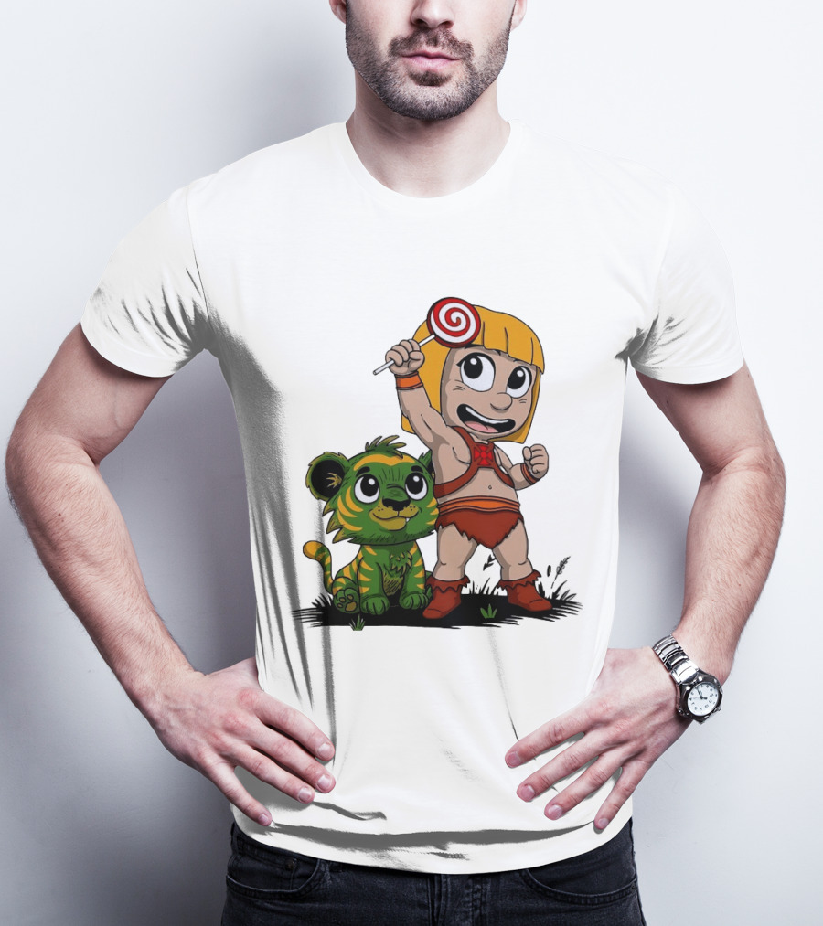 Jungle Kid Holding Lollipop With Playful Tiger Cub T-Shirt