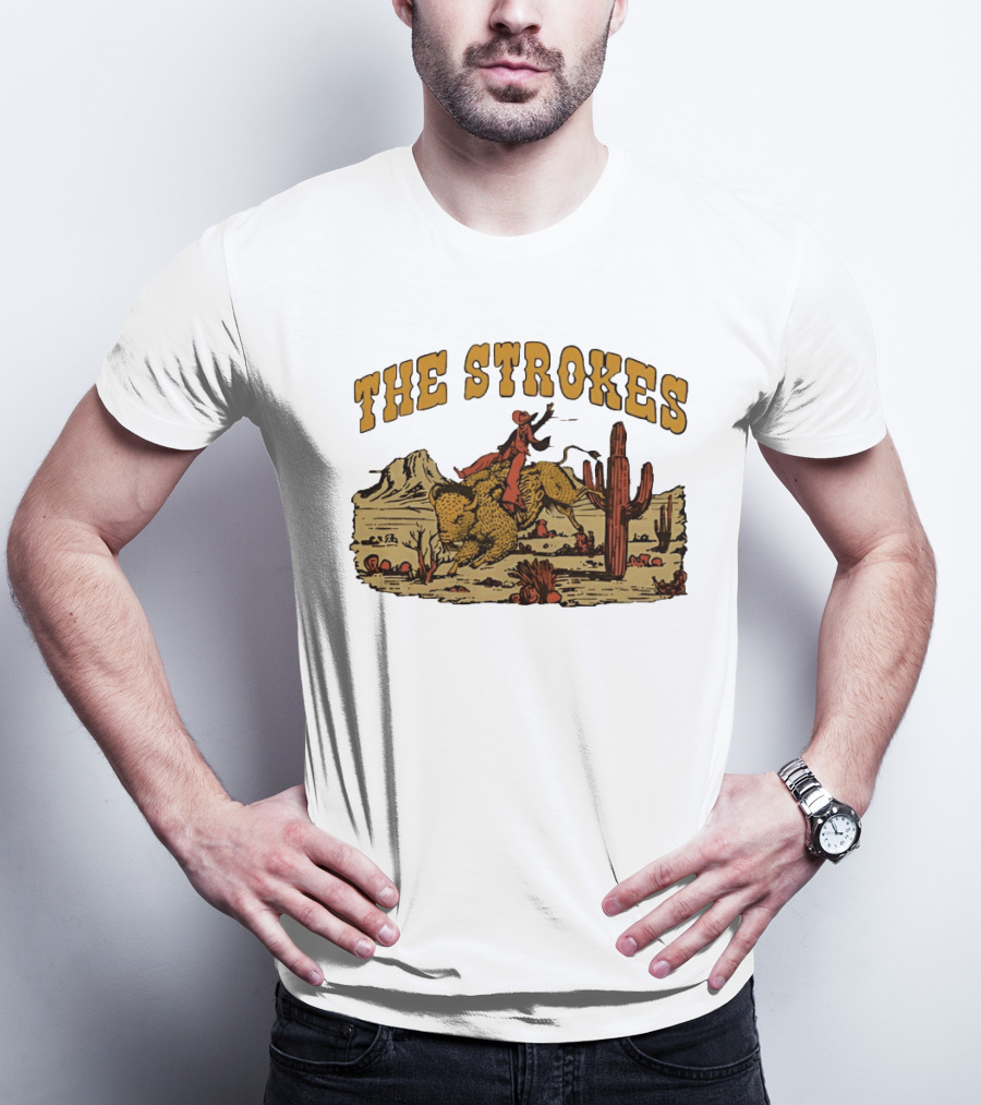 The Strokes Cowboy Riding Cheetah Desert Scene Classic Western T-Shirt