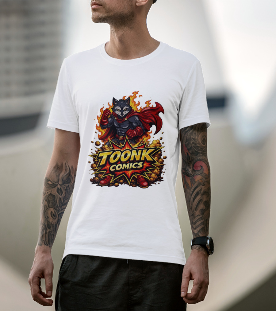Toonk Comics Superhero Raccoon With Fiery Cape T-Shirt