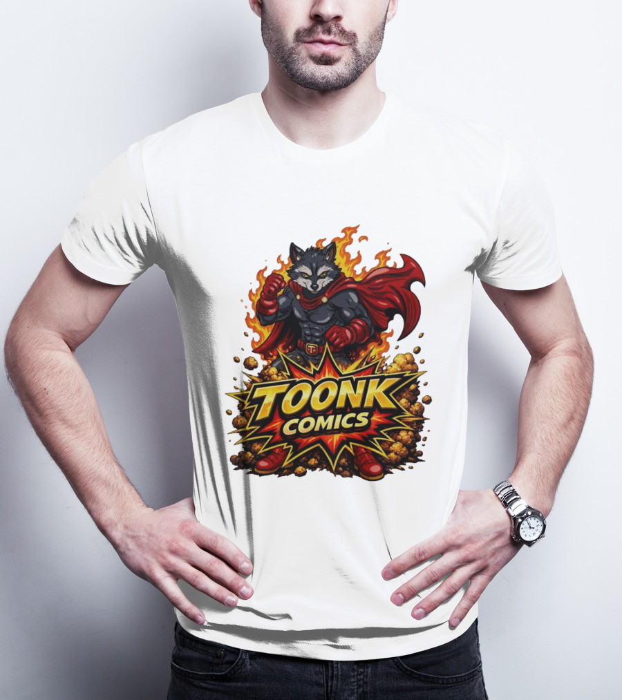 Toonk Comics Superhero Raccoon With Fiery Cape T-Shirt