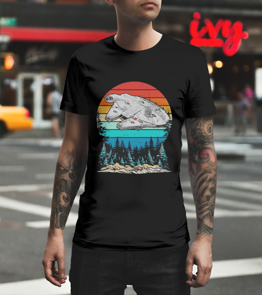 Millennium Falcon Endor Sunset Forest Scene T-Shirt