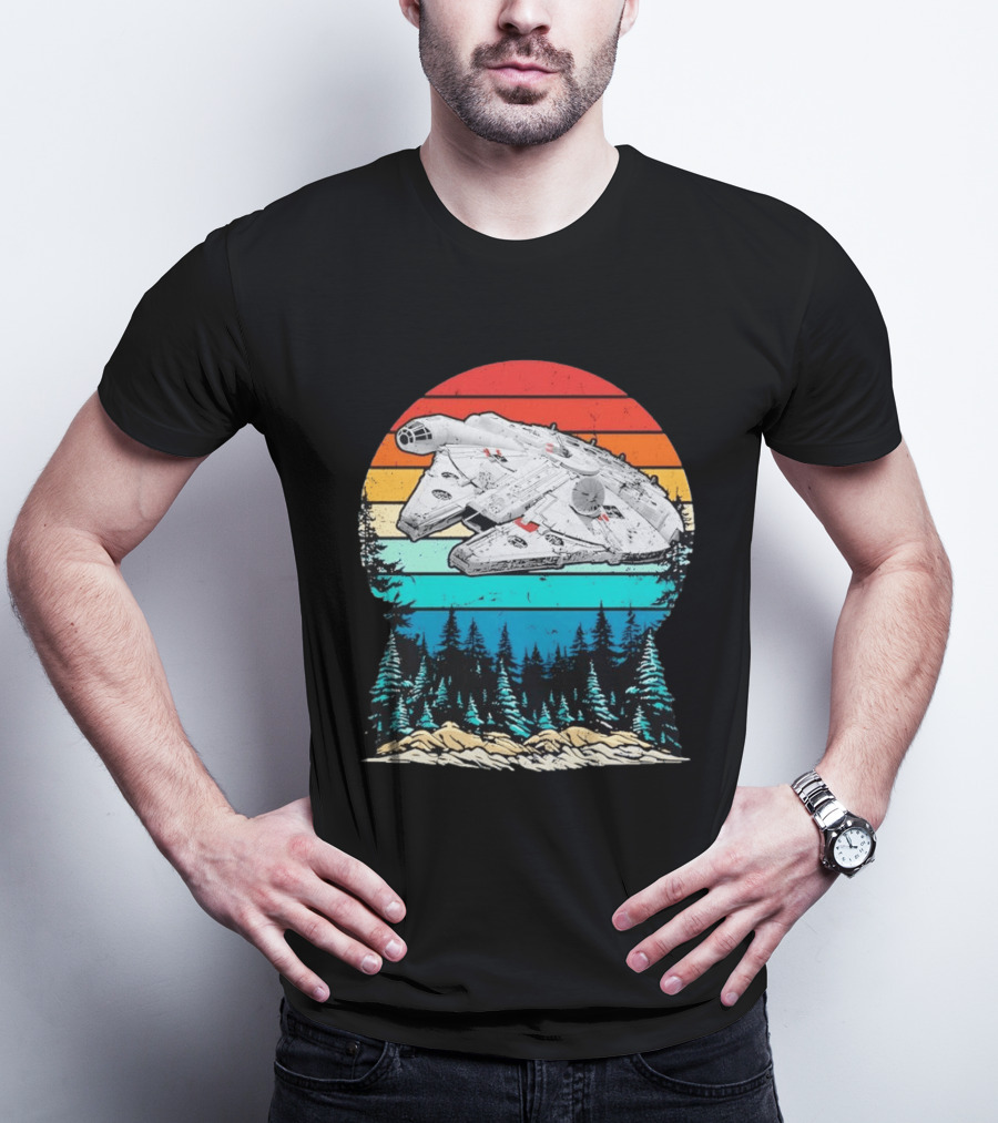 Millennium Falcon Endor Sunset Forest Scene T-Shirt