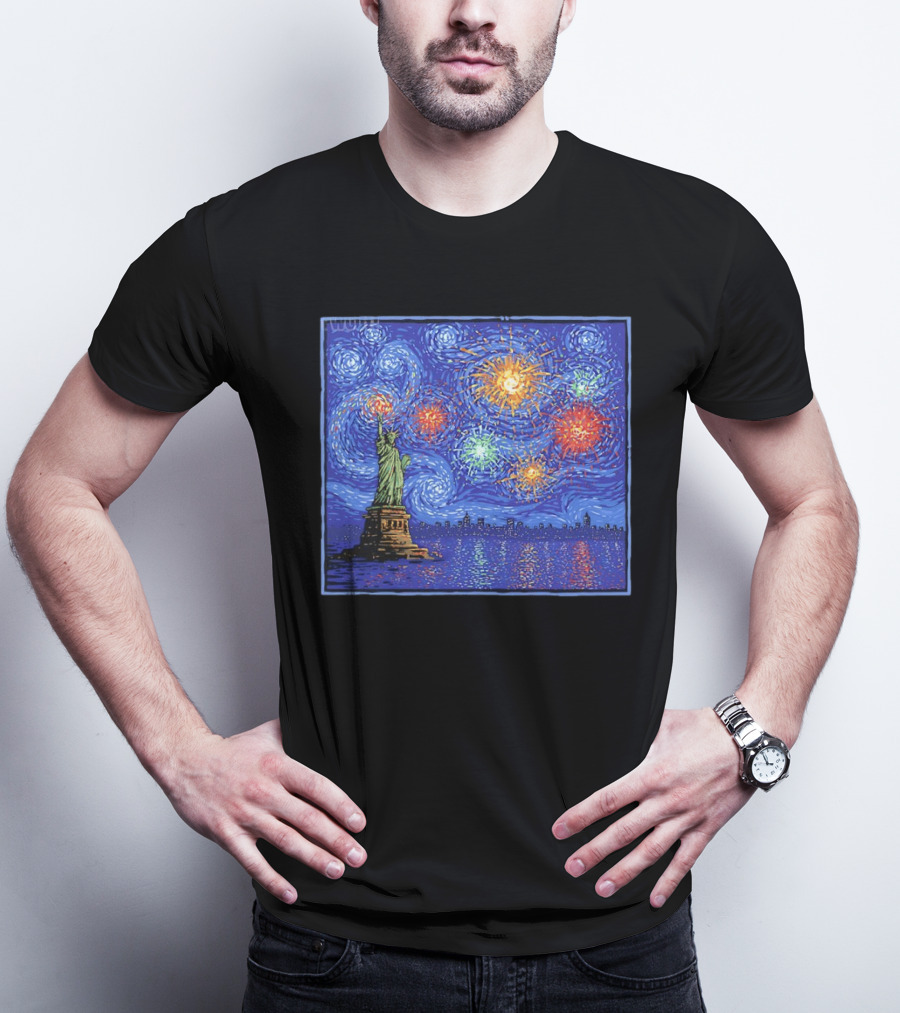 Fireworks Over Statue Of Liberty In Van Gogh Starry Night T-Shirt