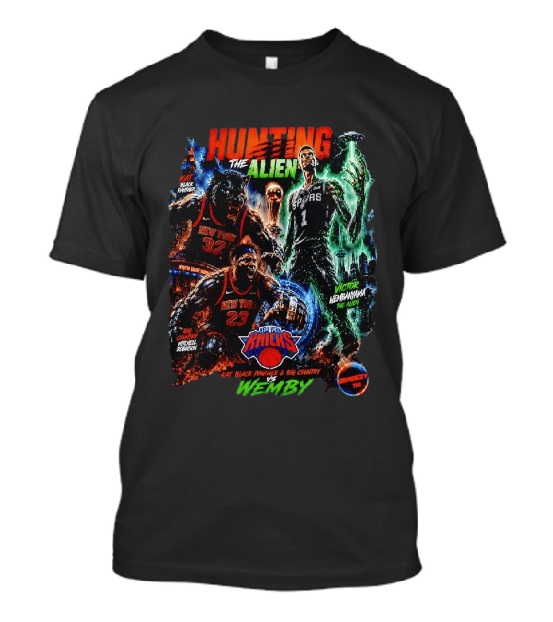 Hunting The Alien KAT Black Panther New York Knicks Mitchell Robinson Vs Wemby Victor Wembanyama T-Shirt