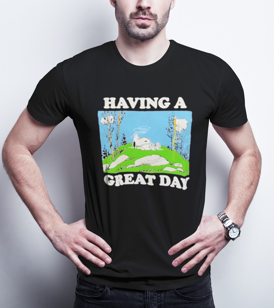 Snoopy Having A Great Day Relaxing On The Green Hill With Blue Sky And Clouds T-Shirt