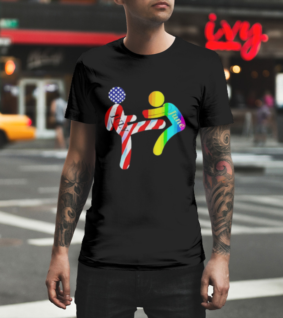 July Independence Kick With June Pride Month Rainbow Flag USA Stars And Stripes T-Shirt