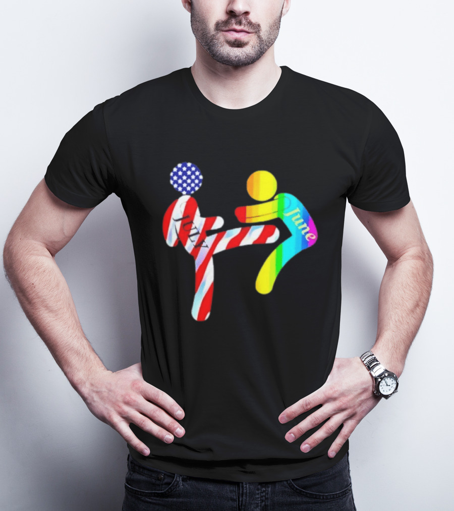 July Independence Kick With June Pride Month Rainbow Flag USA Stars And Stripes T-Shirt