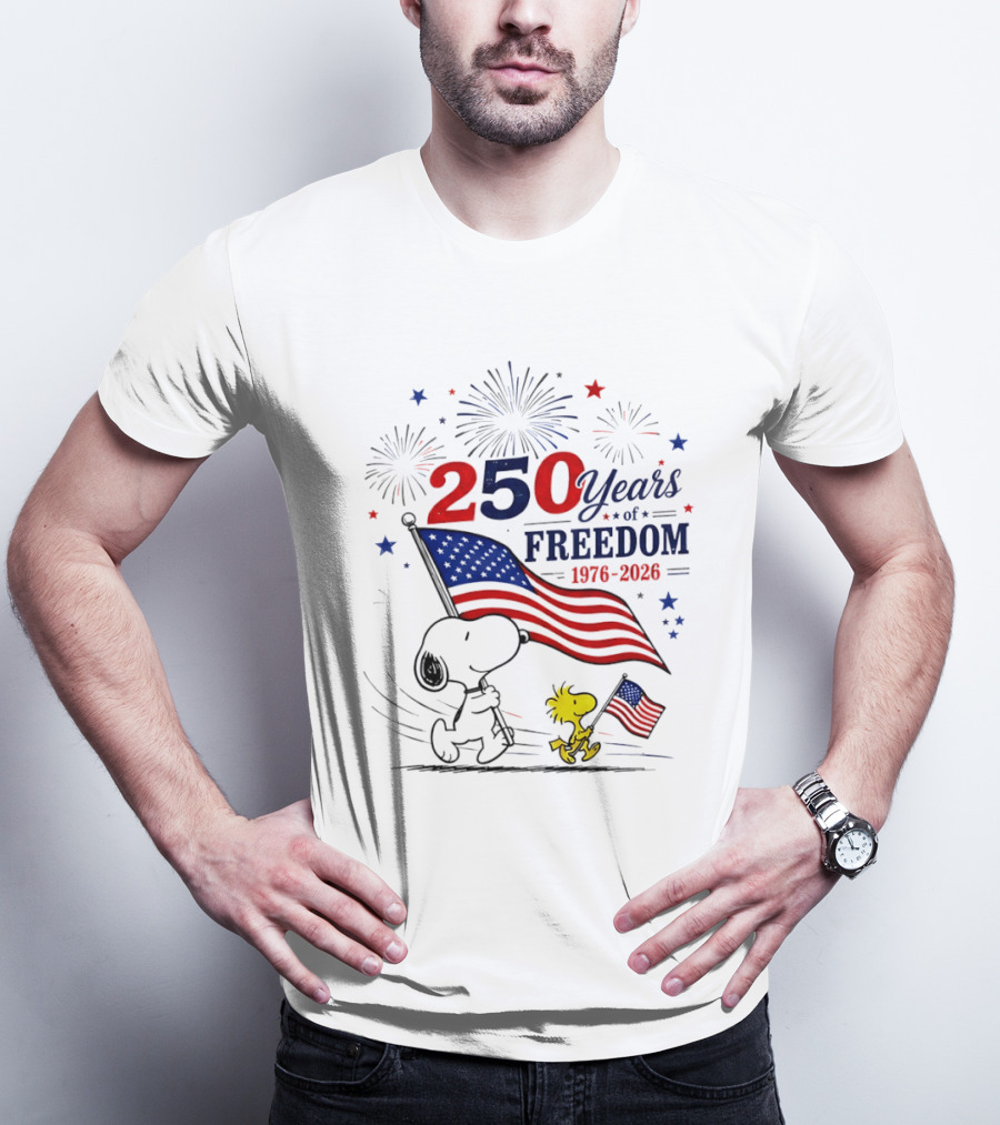 Snoopy Woodstock 250 Years Of Freedom 1776 2026 American Flag Fireworks Independence T-Shirt