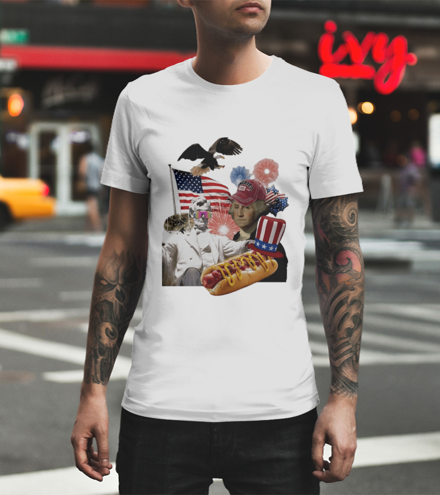 Merica Abraham Lincoln George Washington Hot Dog Eagle Fireworks Patriotic Celebration T-Shirt