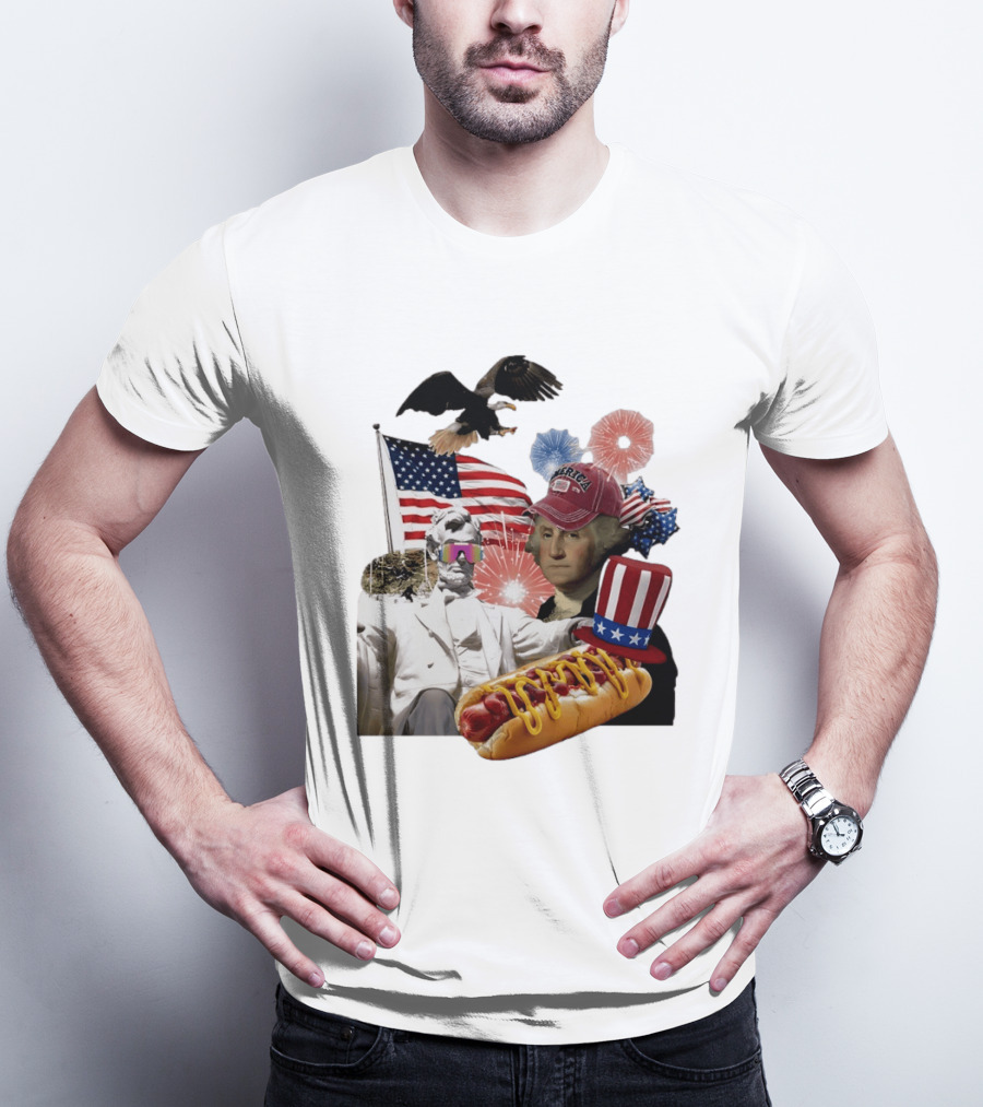 Merica Abraham Lincoln George Washington Hot Dog Eagle Fireworks Patriotic Celebration T-Shirt