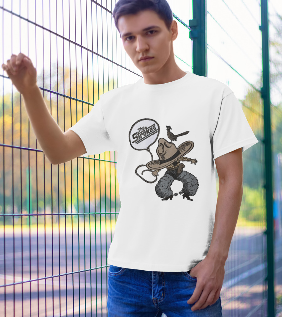 The Strokes Tour 2026 Illustrated Cowboy Holding Lasso With Bird And Cowboy Hat T-Shirt