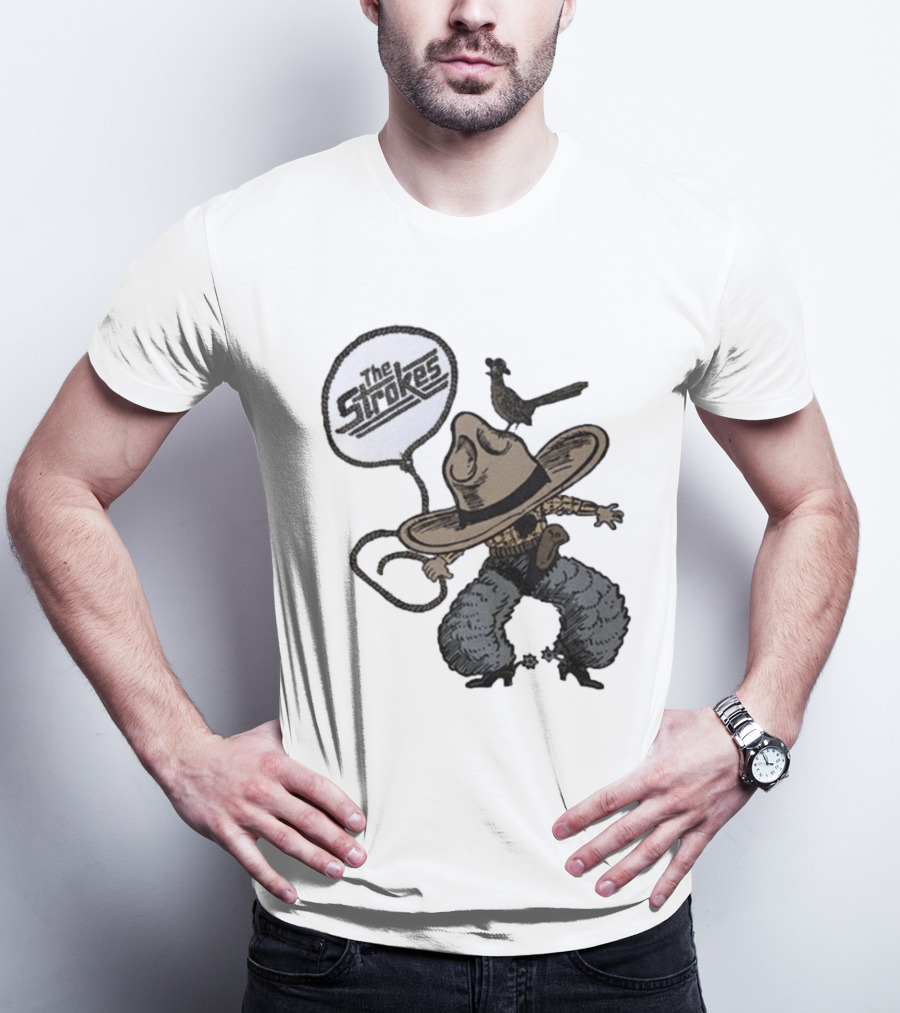 The Strokes Tour 2026 Illustrated Cowboy Holding Lasso With Bird And Cowboy Hat T-Shirt