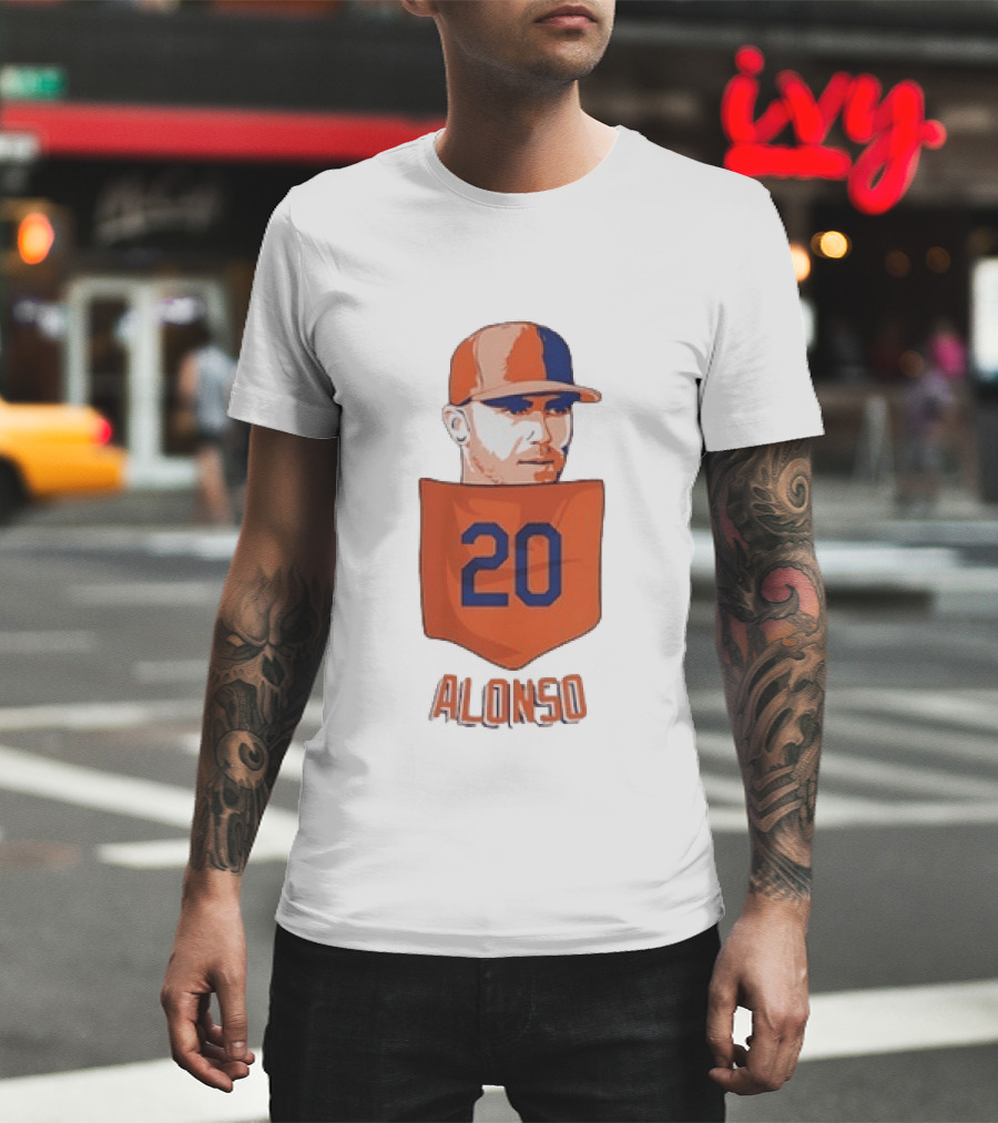 Pete Alonso 20 New York Mets MLB Baseball Pocket T-Shirt